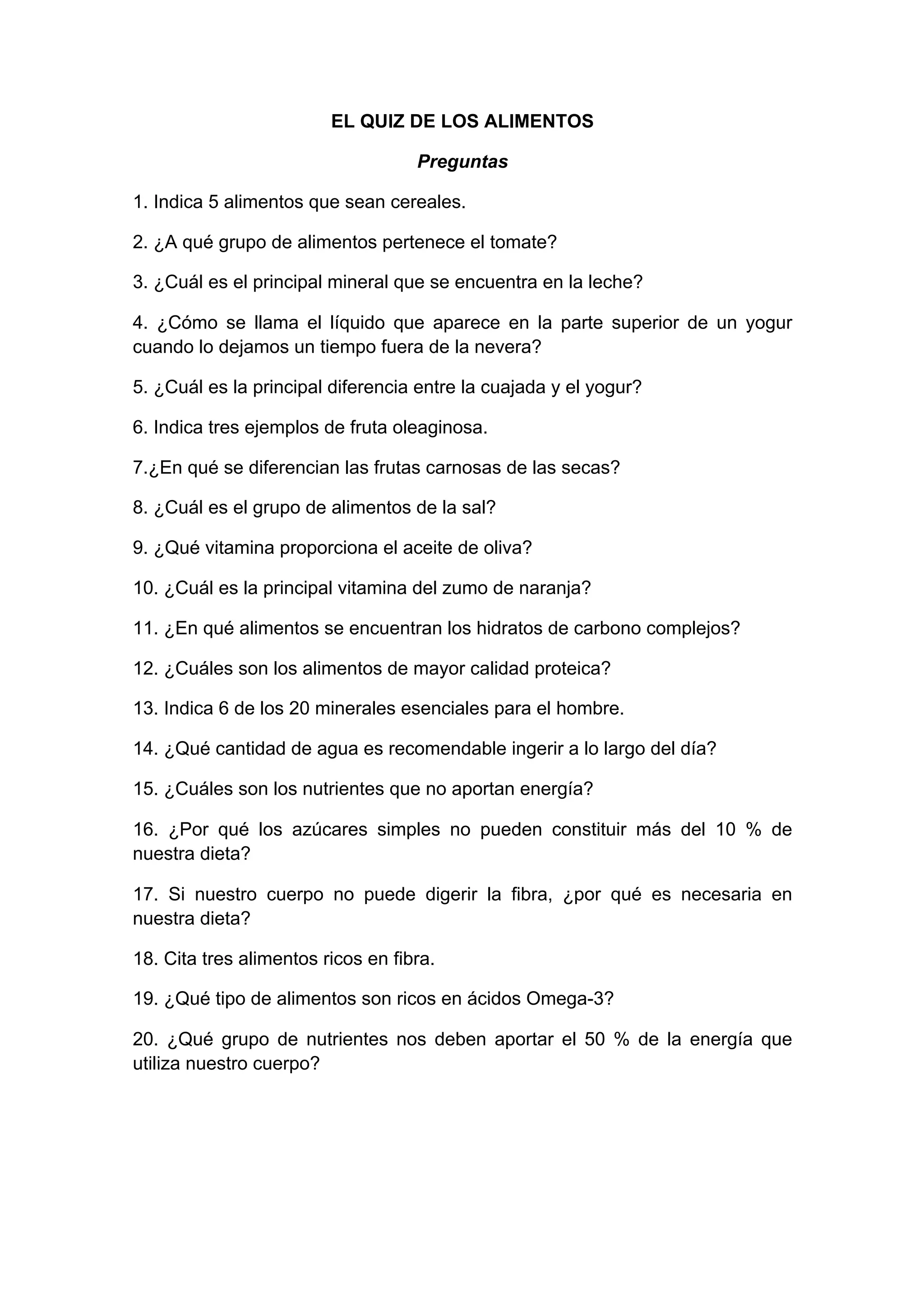 Preguntas el quiz de los alimentos | PDF