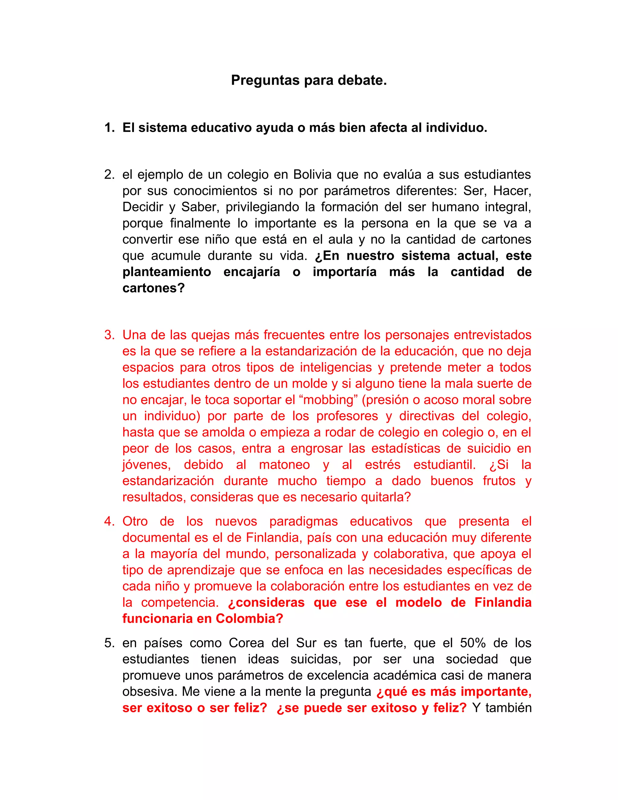 Preguntas para debate | DOC | Education
