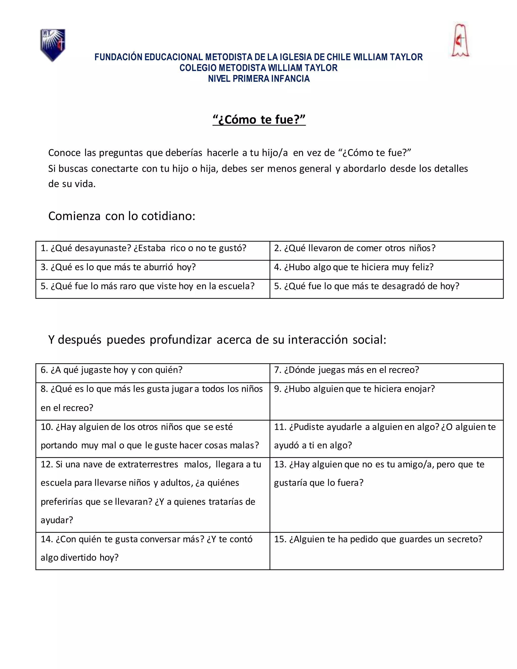 Preguntas para hacer en casa después del colegio. | DOCX