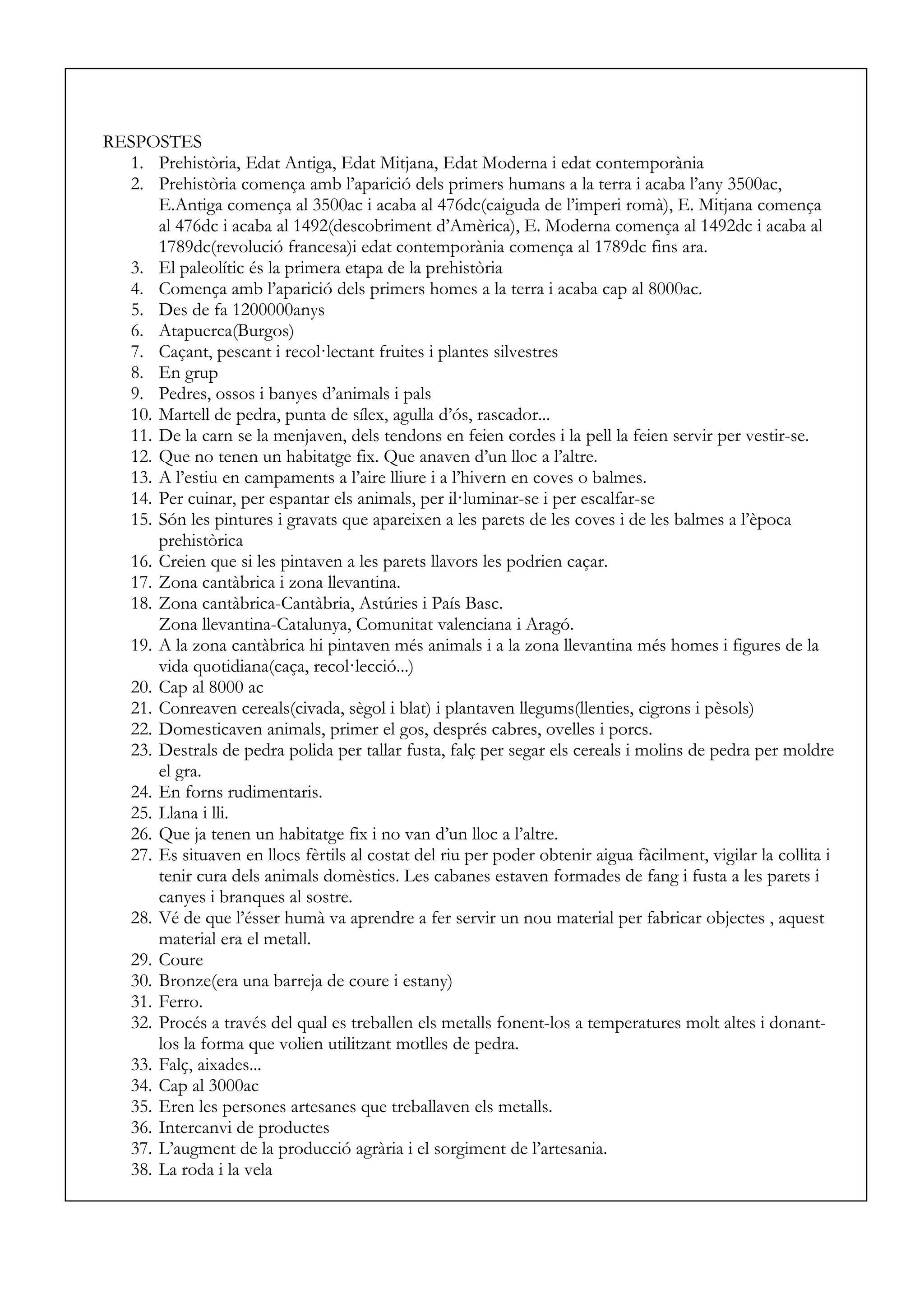 Preguntes i respostes tema 5 prehistòria | DOC