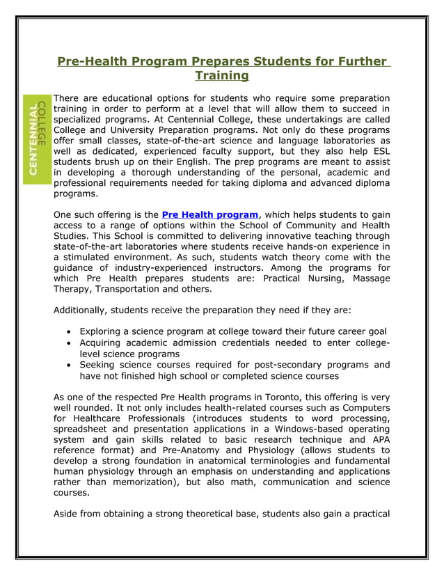 Pre health program prepares students for further training | PDF