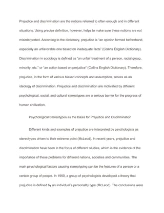Prejudice and discrimination sample paper - essay | PDF | Debated ...