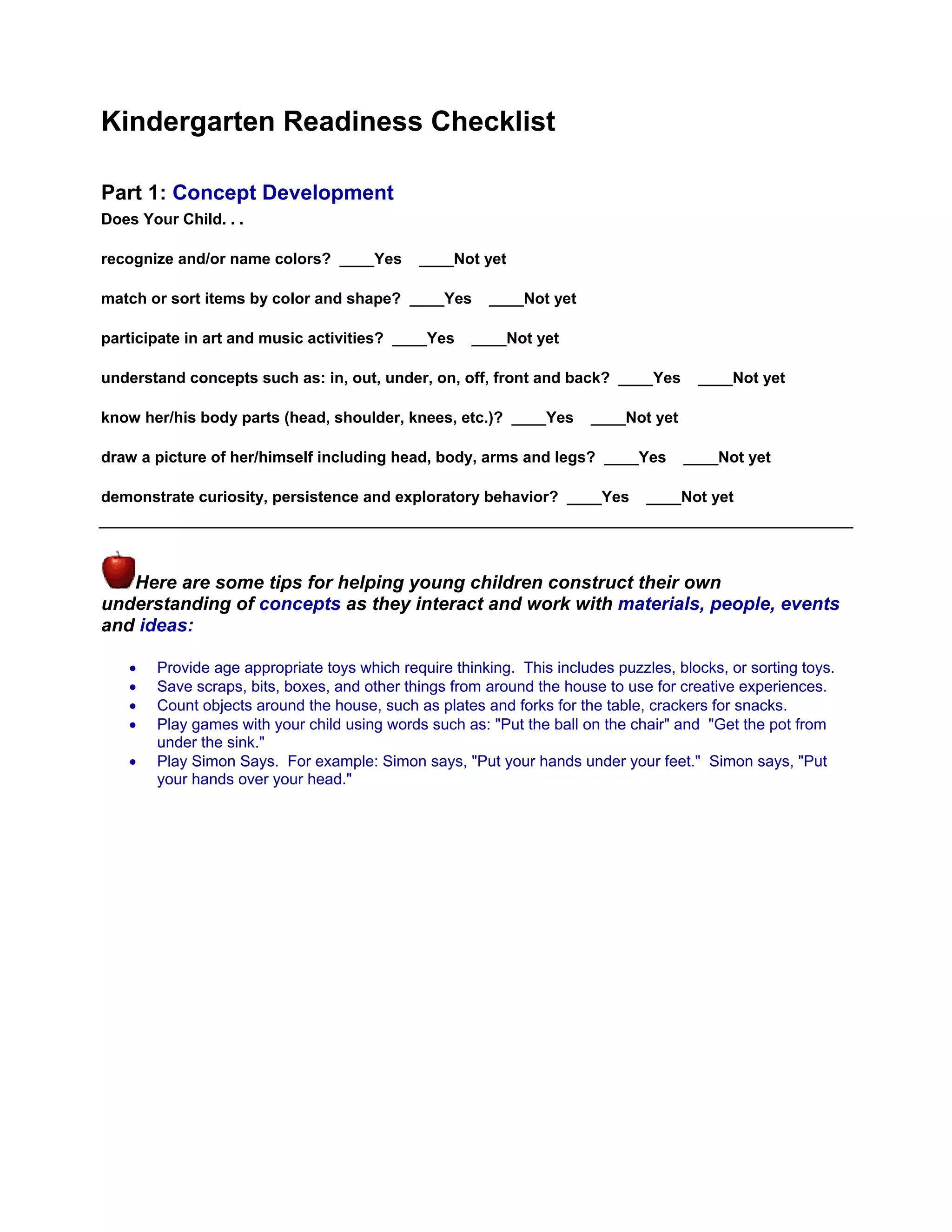 Prekkindergartenreadinesschecklist | PDF
