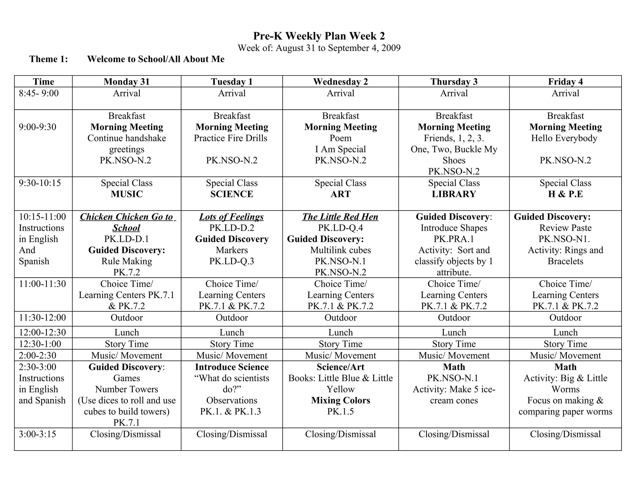 Pre K Second Week Of School | DOC