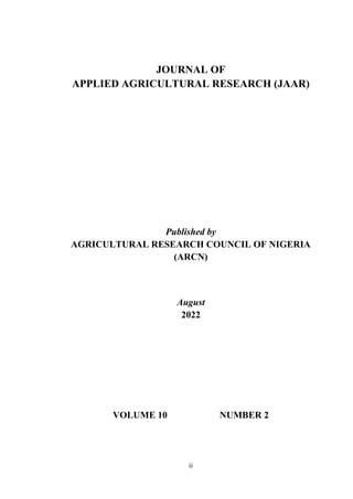 PRELIMINARY PAGE JOURNAL OF APPLIED AGRICULTURAL RESEARCH. Vol. 10. No ...