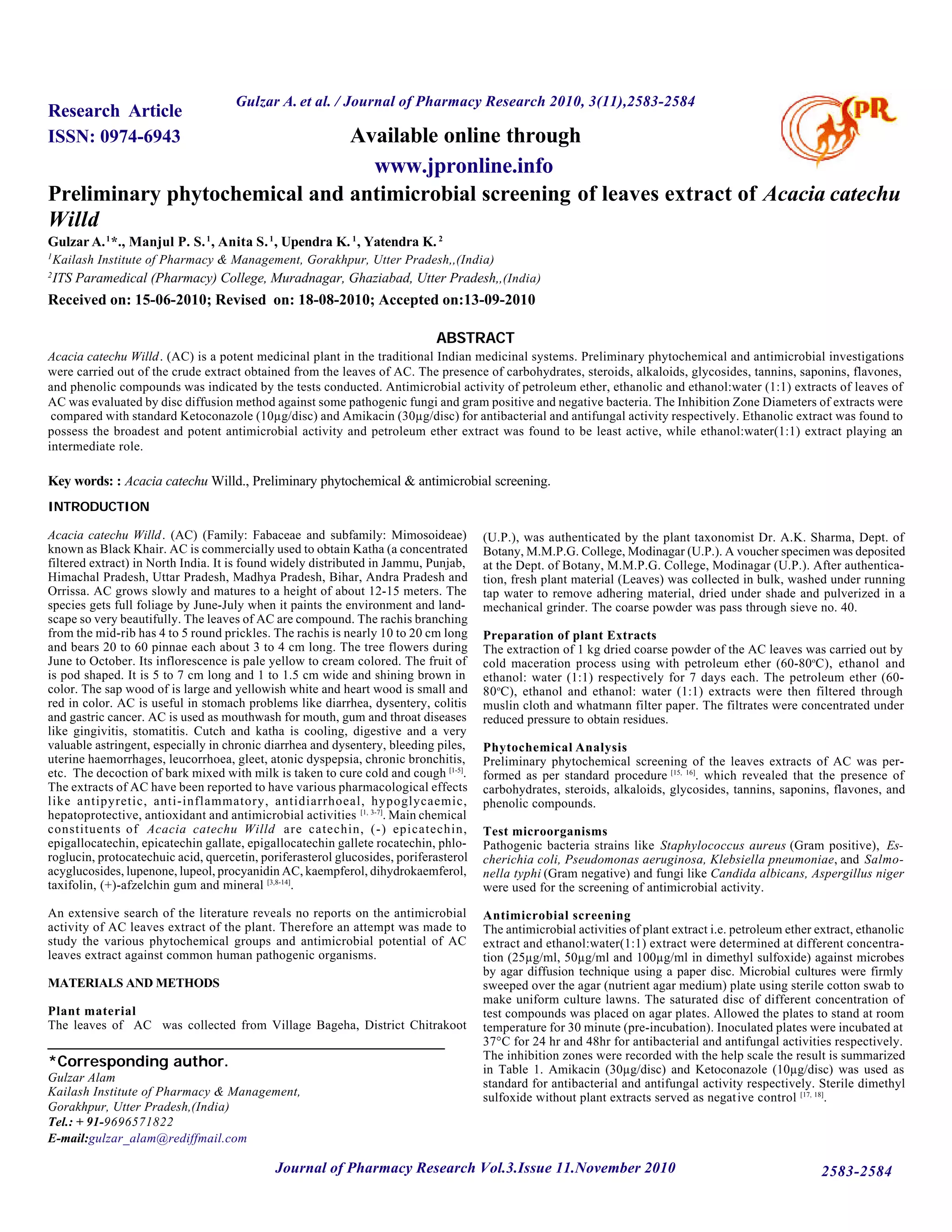 Preliminary phytochemical and antimicrobial screening of leaves extract of acacia catechu Willd ...