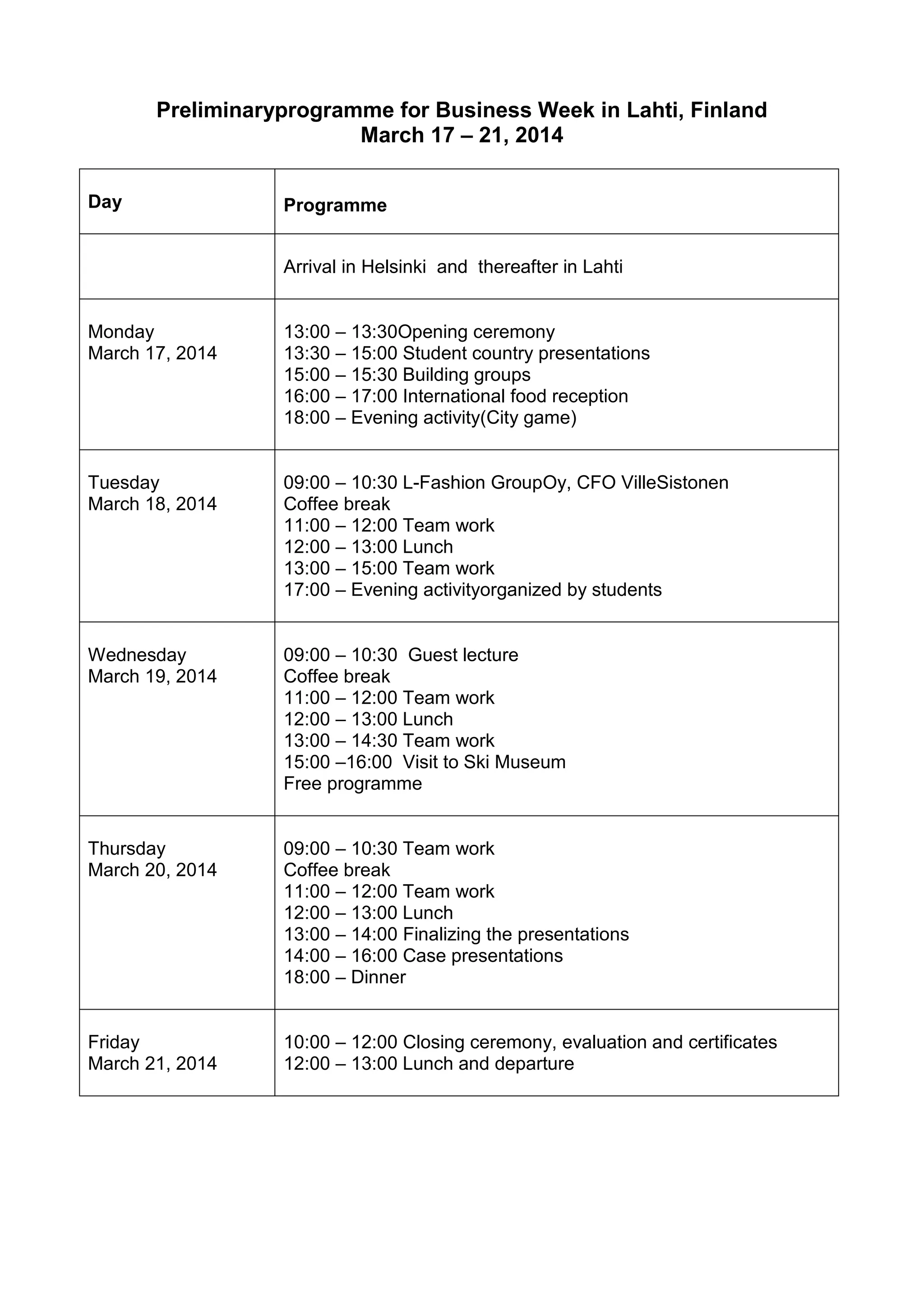 Preliminary programme for business week lahti 2014 | PDF