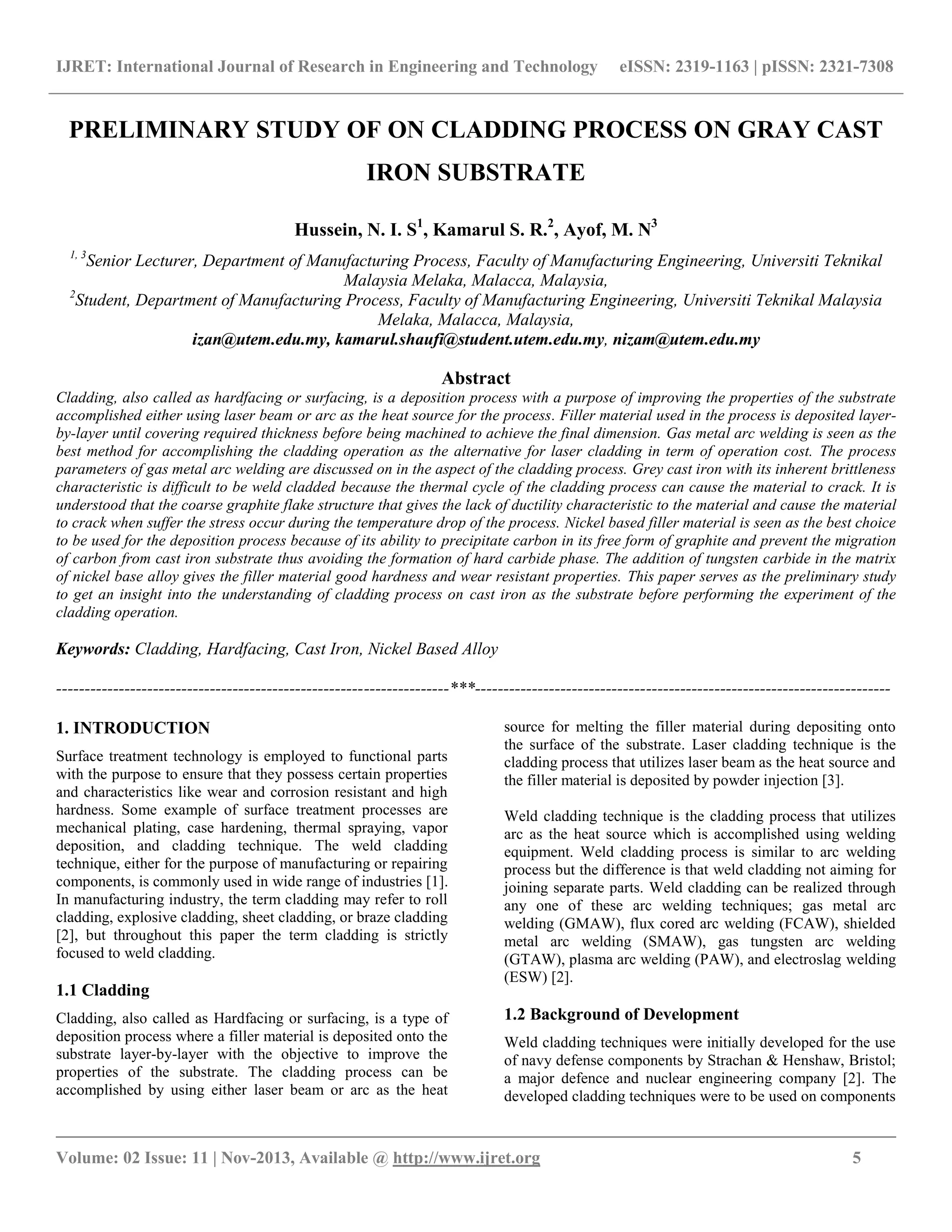 Preliminary study of on cladding process on gray cast iron substrate | PDF