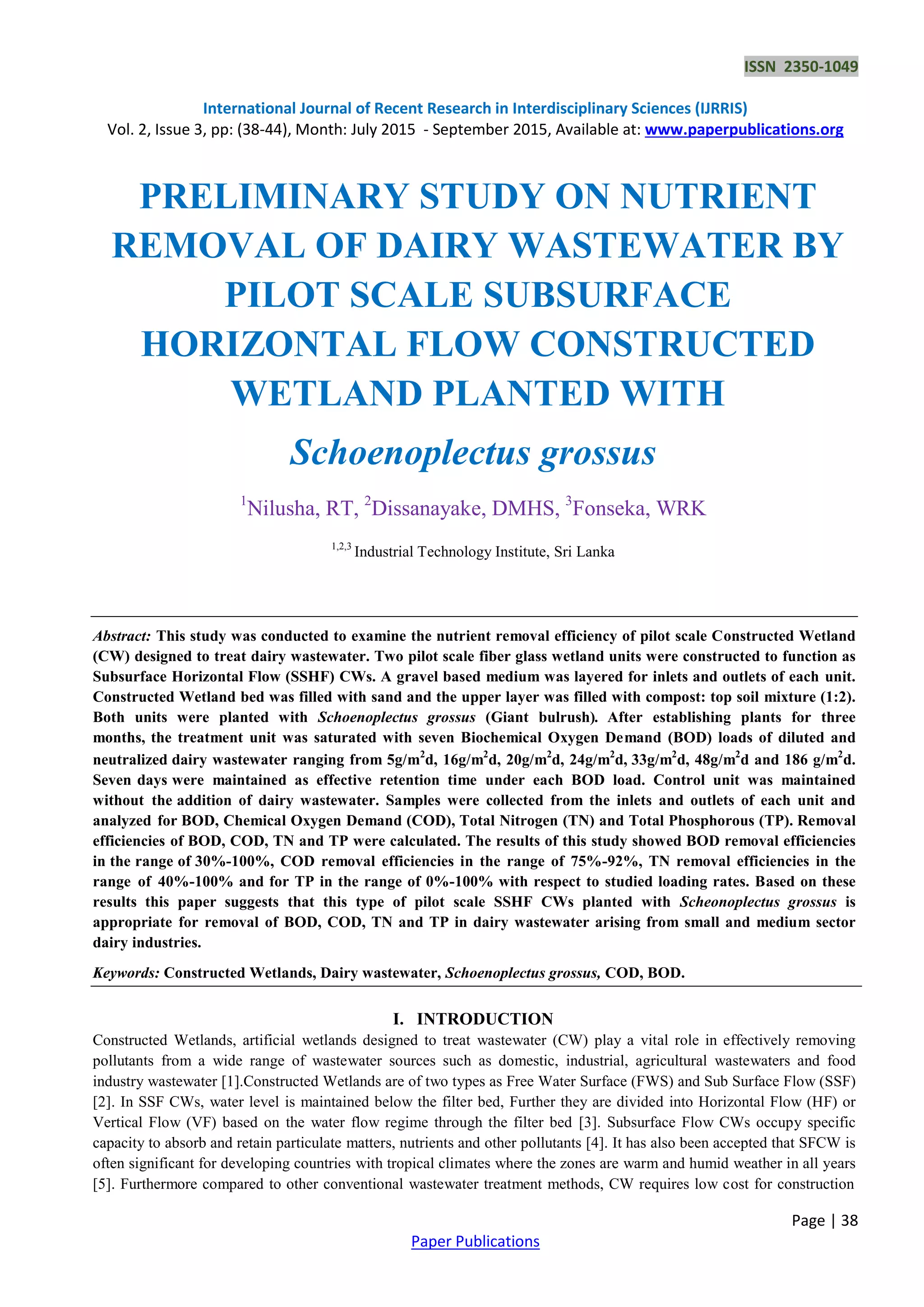 PRELIMINARY STUDY ON NUTRIENT REMOVAL OF DAIRY WASTEWATER BY PILOT ...