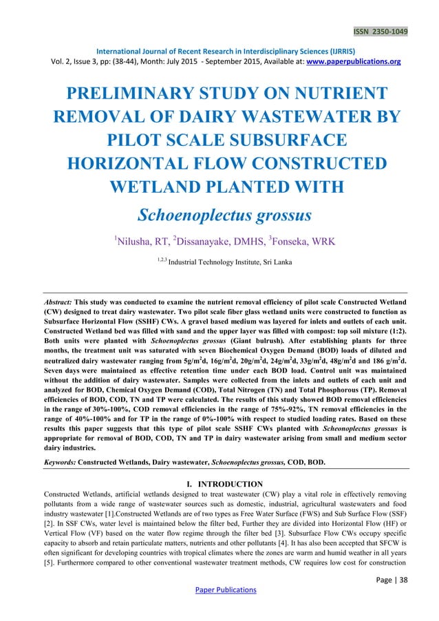 PRELIMINARY STUDY ON NUTRIENT REMOVAL OF DAIRY WASTEWATER BY PILOT SCALE SUBSURFACE HORIZONTAL ...