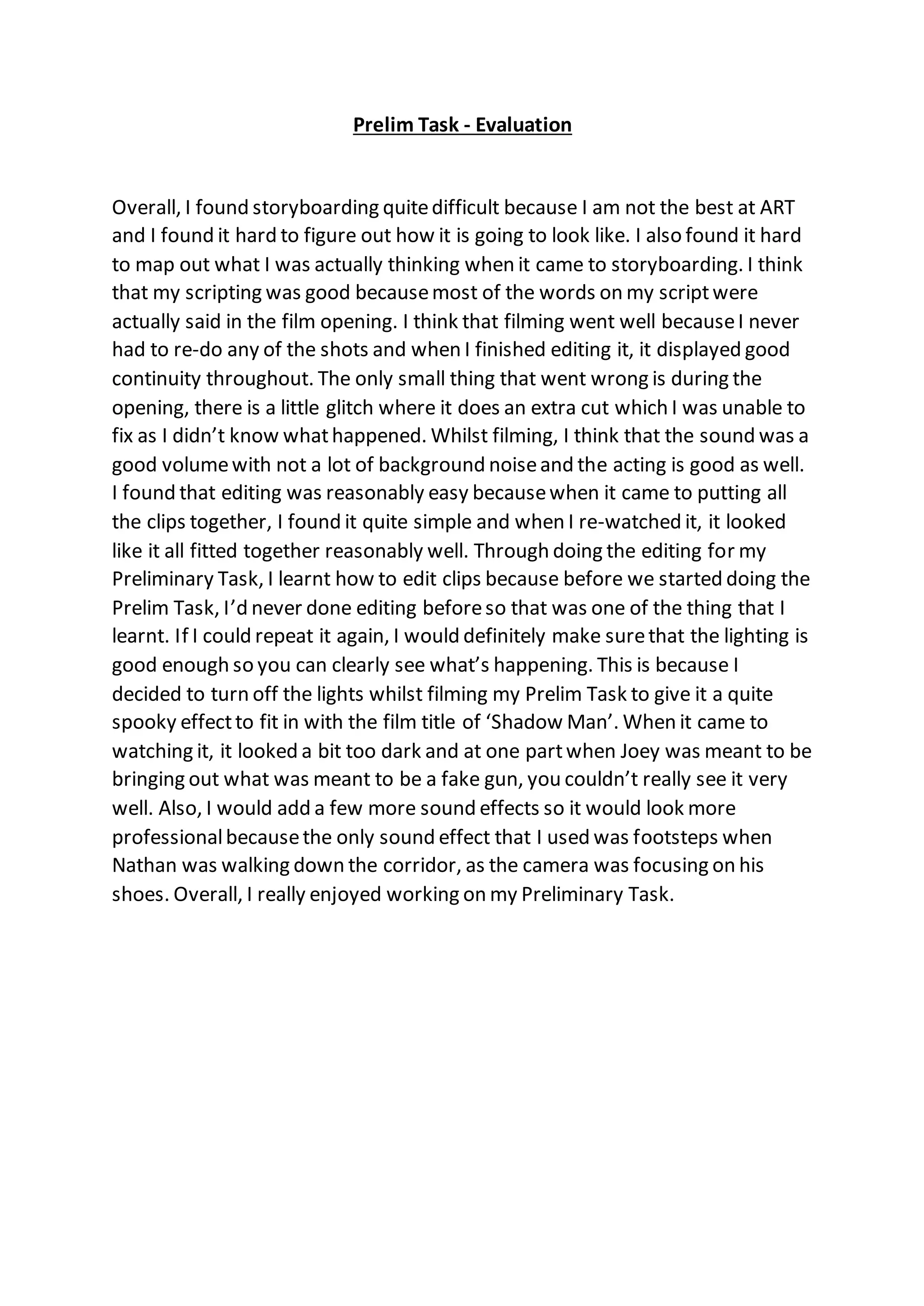 Preliminary task - evaluation | PDF