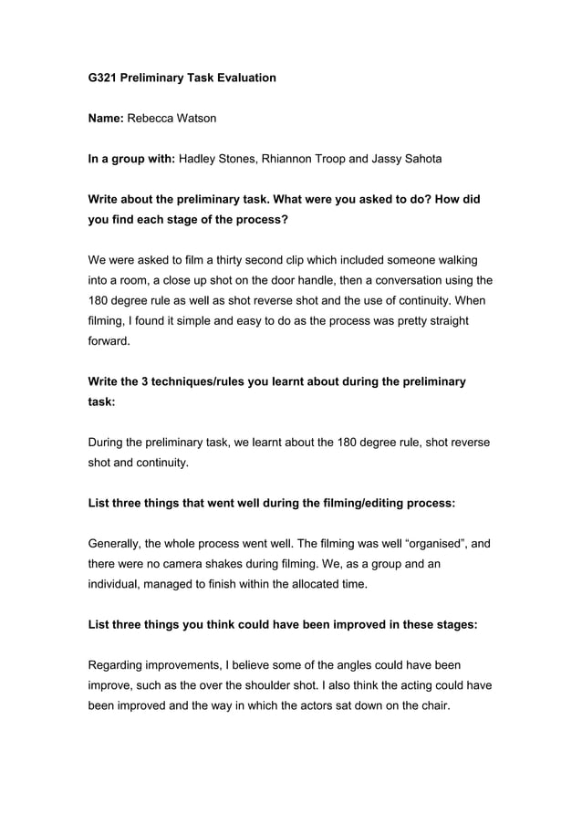 Preliminary Task Evaluation | DOC