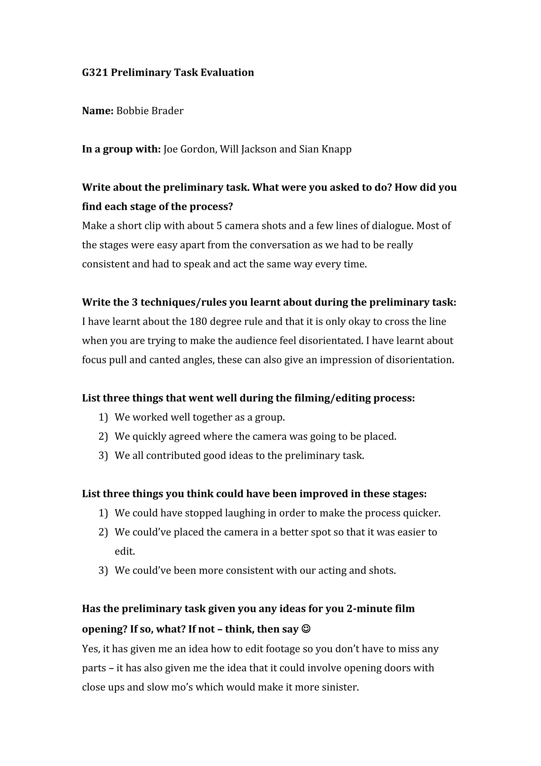 Preliminary Task Evaluation | PDF