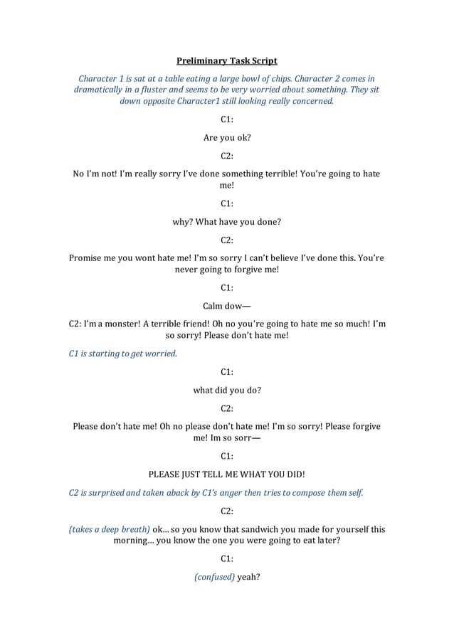 Preliminary task script | DOCX | Food & Drink