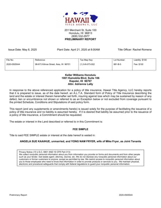 Kaaihue's Preliminary Title Report, as of Mar. 2021, dates back to 1970 ...