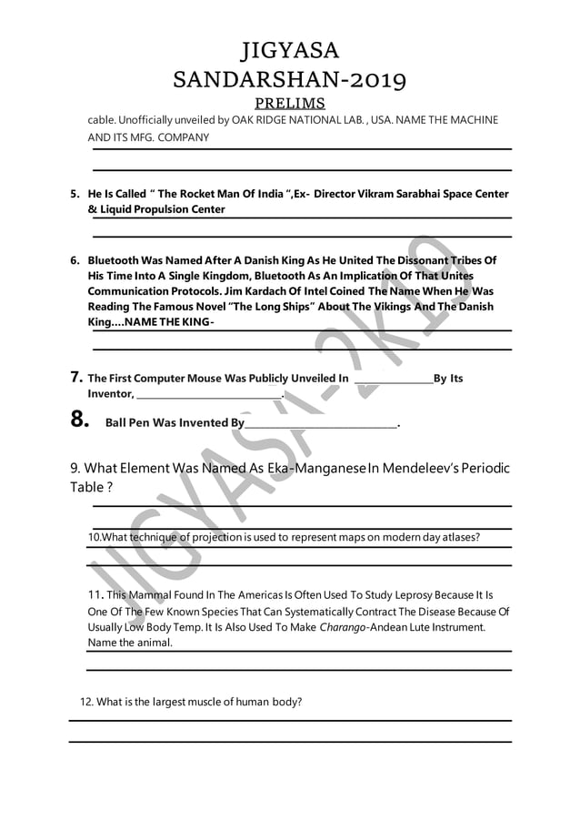 JIGYASA SCIENCE QUIZ Prelims | DOCX