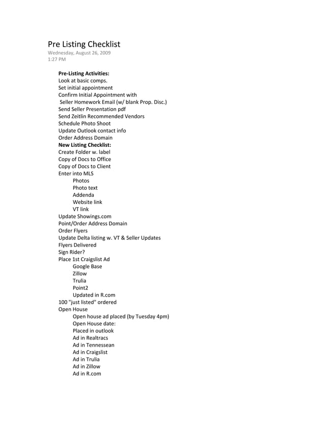 Pre Listing Checklist | DOC