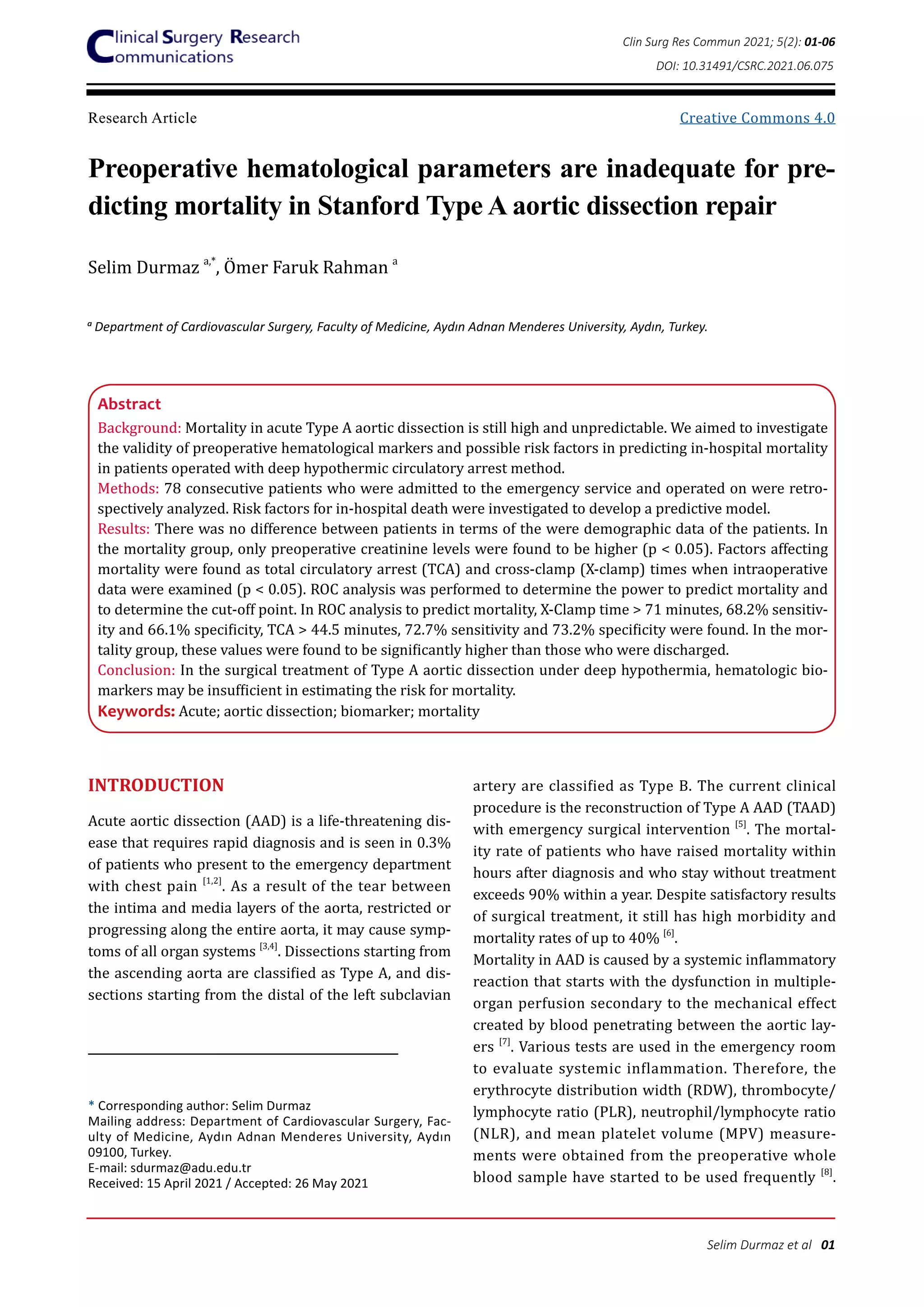 Preoperative hematological parameters predicting mortality in stanford ...