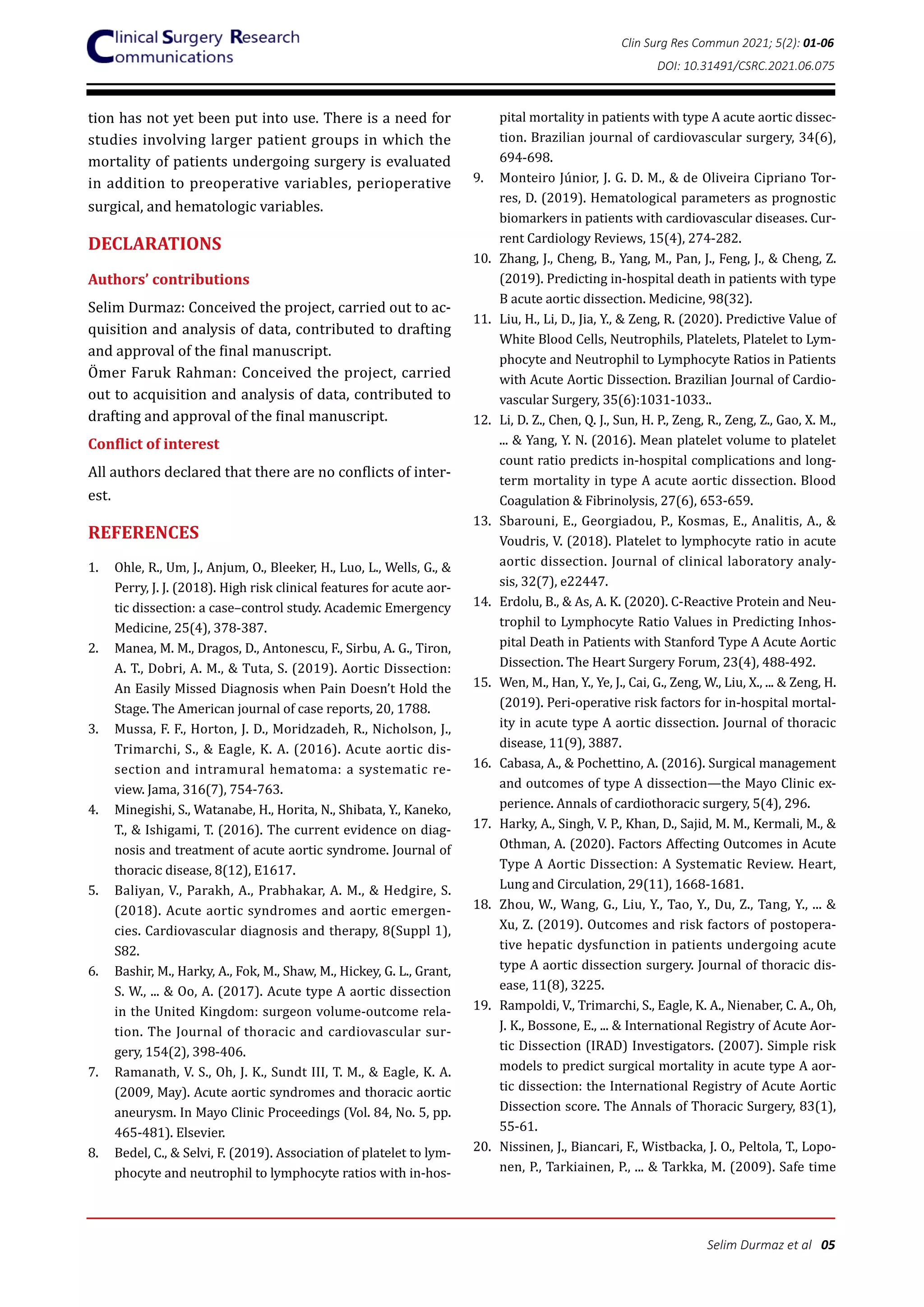 Preoperative hematological parameters predicting mortality in stanford ...