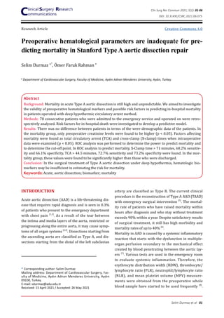 Preoperative hematological parameters predicting mortality in stanford ...