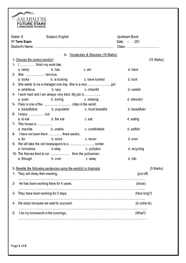 Upstream B2 Term Exam 2014 | PDF