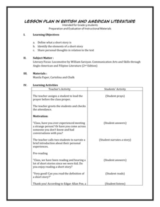 Lesson Plan in British and American Literature | PDF