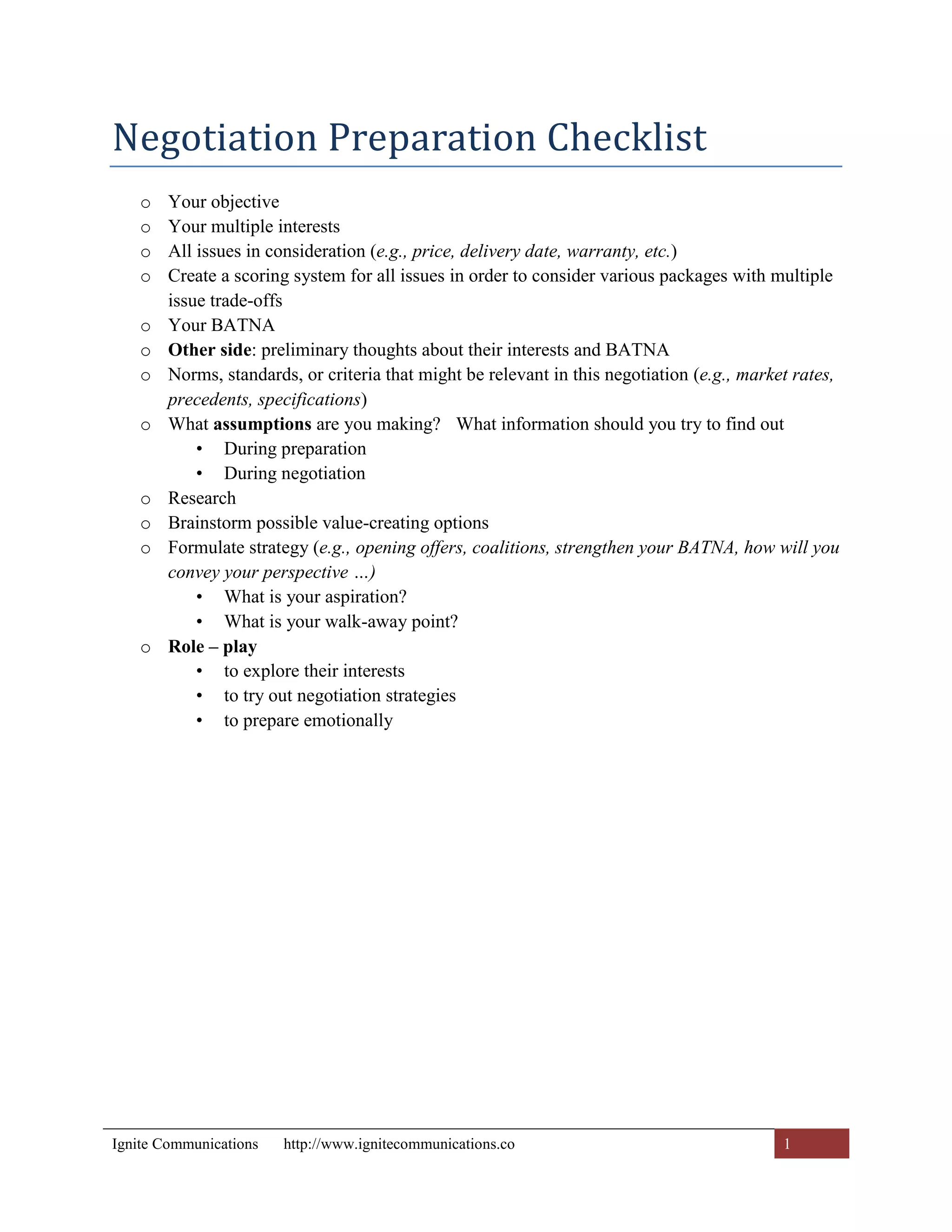 Negotiation Preparation Checklist | PDF