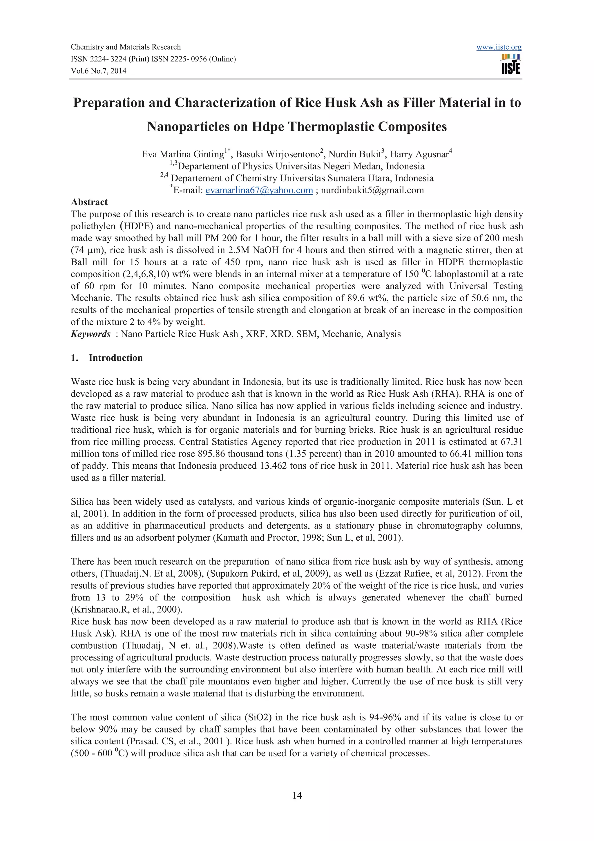 Preparation and characterization of rice husk ash as filler material in ...