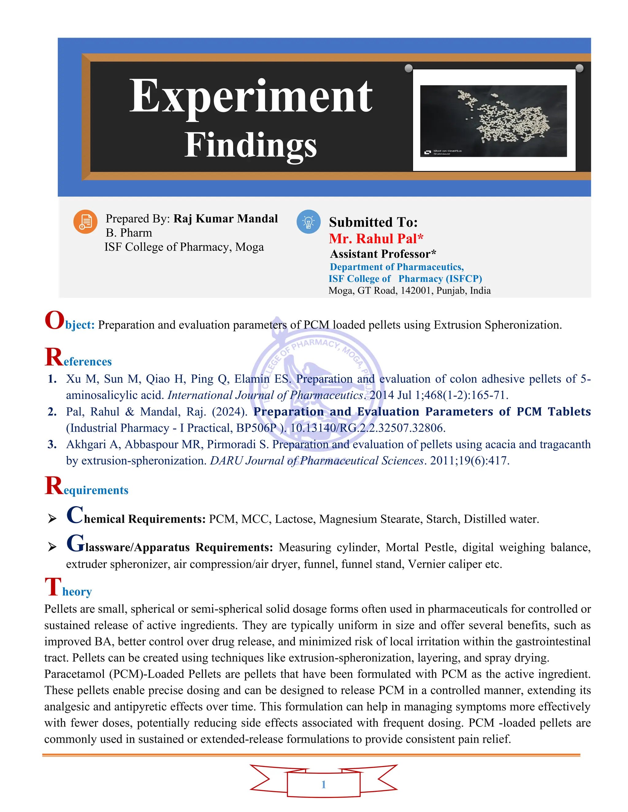 Preparation and evaluation parameters of PCM loaded pellets using ...