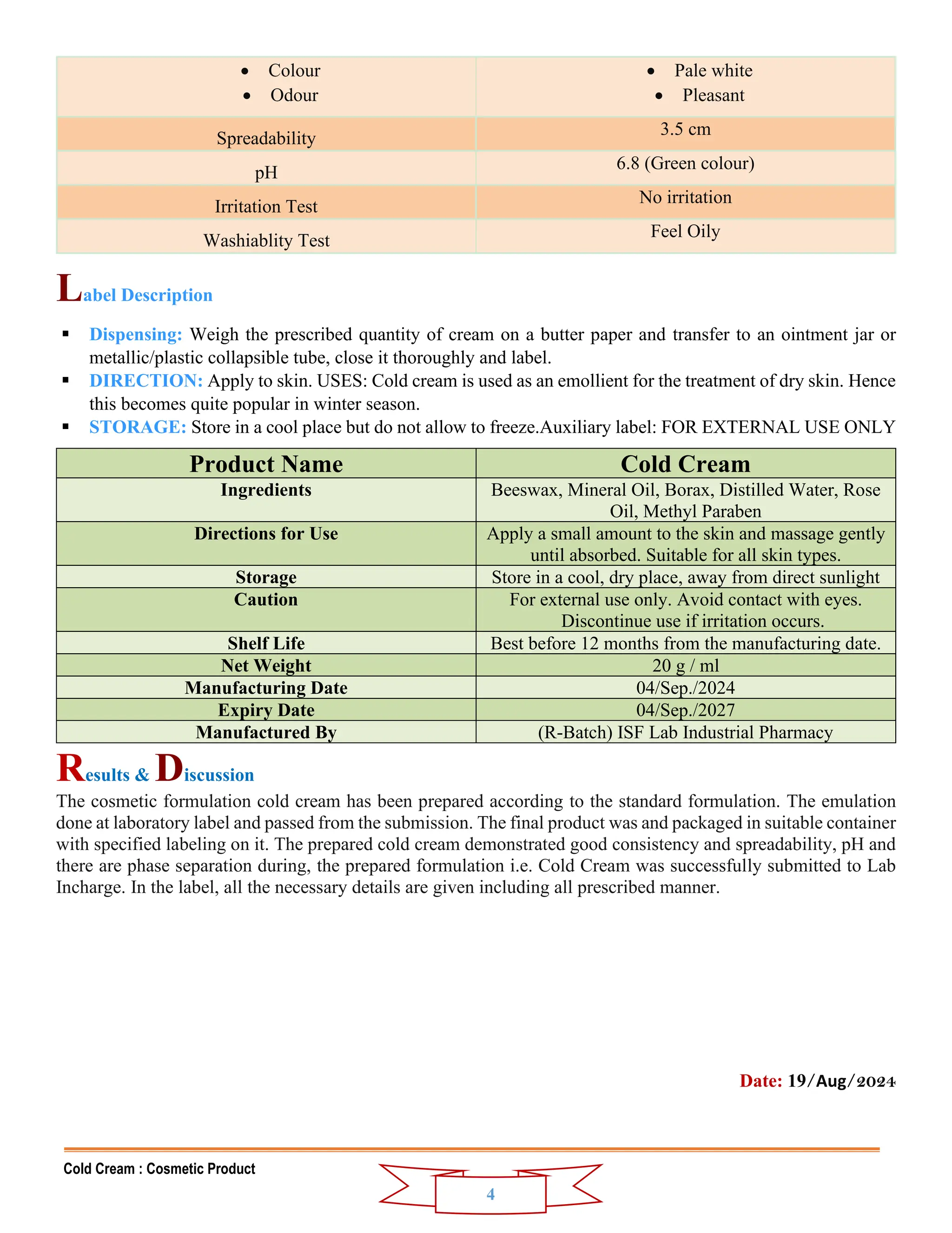 Preparation, Packaging, Labelling and Evaluation parameters of Cold ...