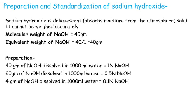 Preparation and standardization of various molar and normal solutions ...