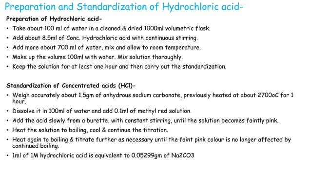 Preparation and standardization of various molar and normal solutions ...