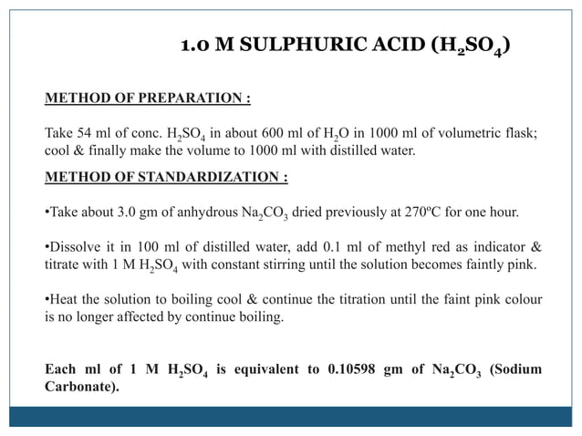 Preparation and standardization of various molar and normal solutions ...