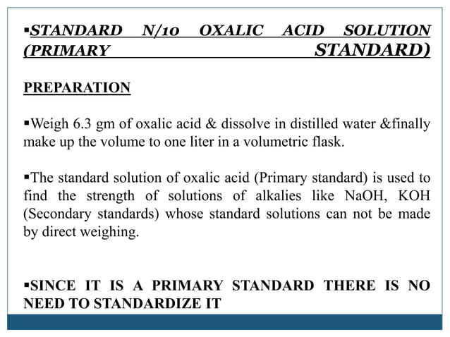 Preparation and standardization of various molar and normal solutions | PPTX