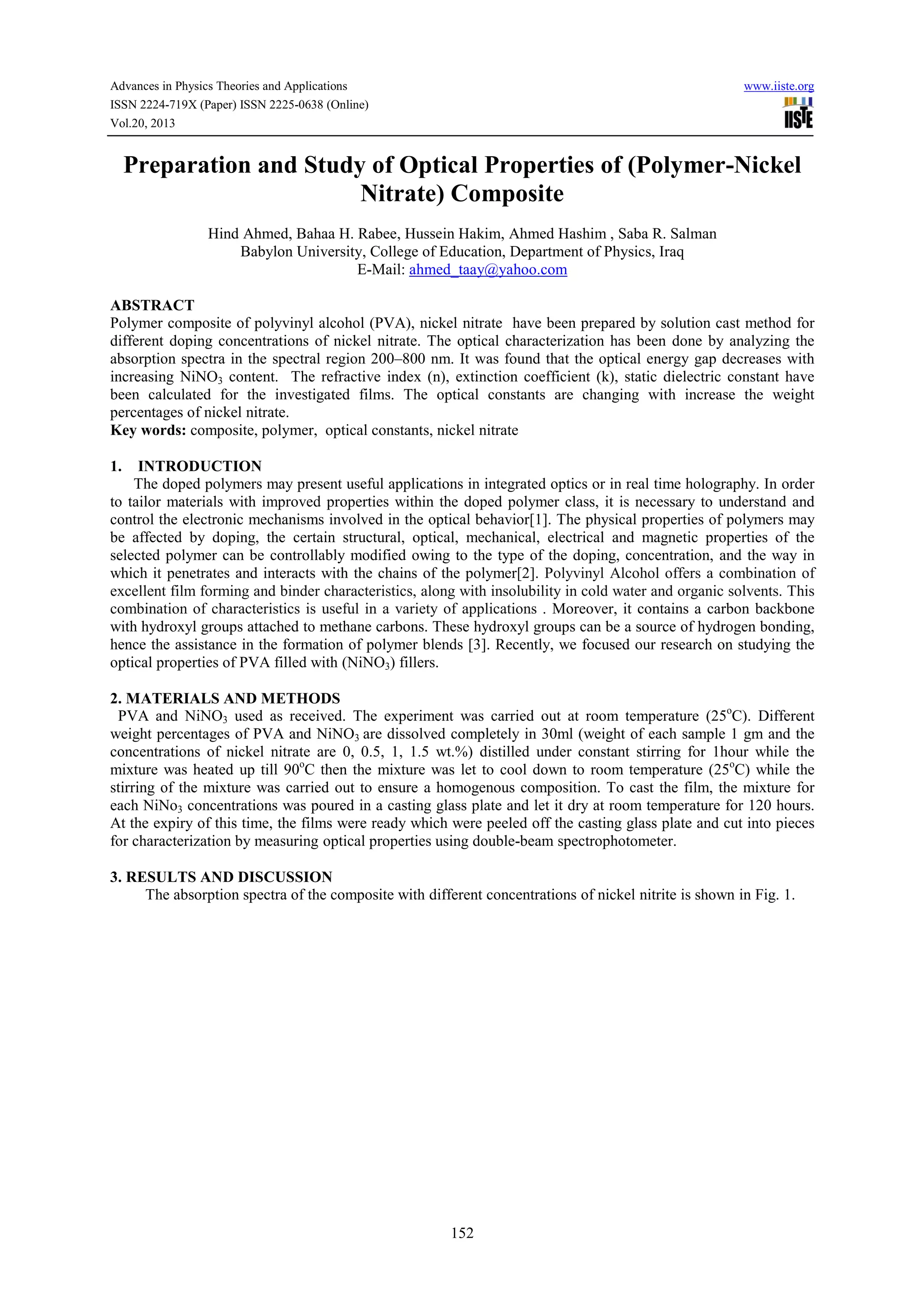 Preparation and study of optical properties of (polymer nickel nitrate ...