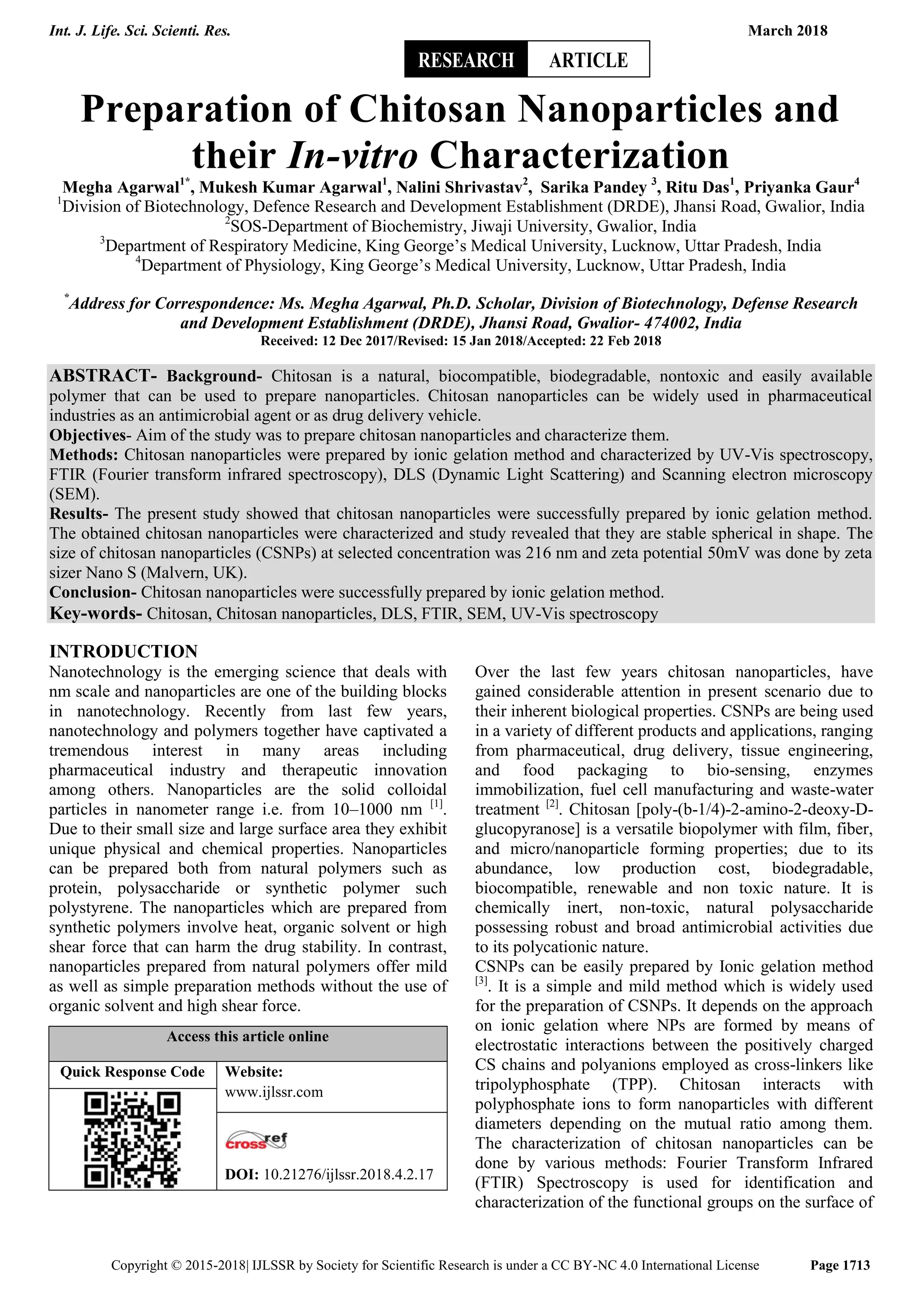 Preparation of chitosan nanoparticles and their in vitro characterization | PDF