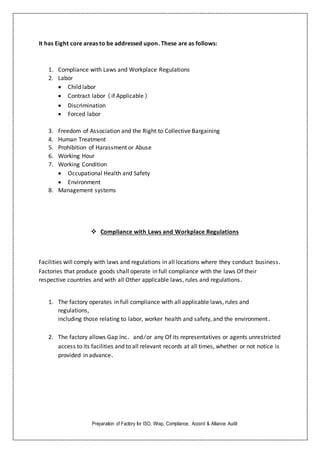 Preparation of factory for iso, wrap, compliance, accord alliance audit ...
