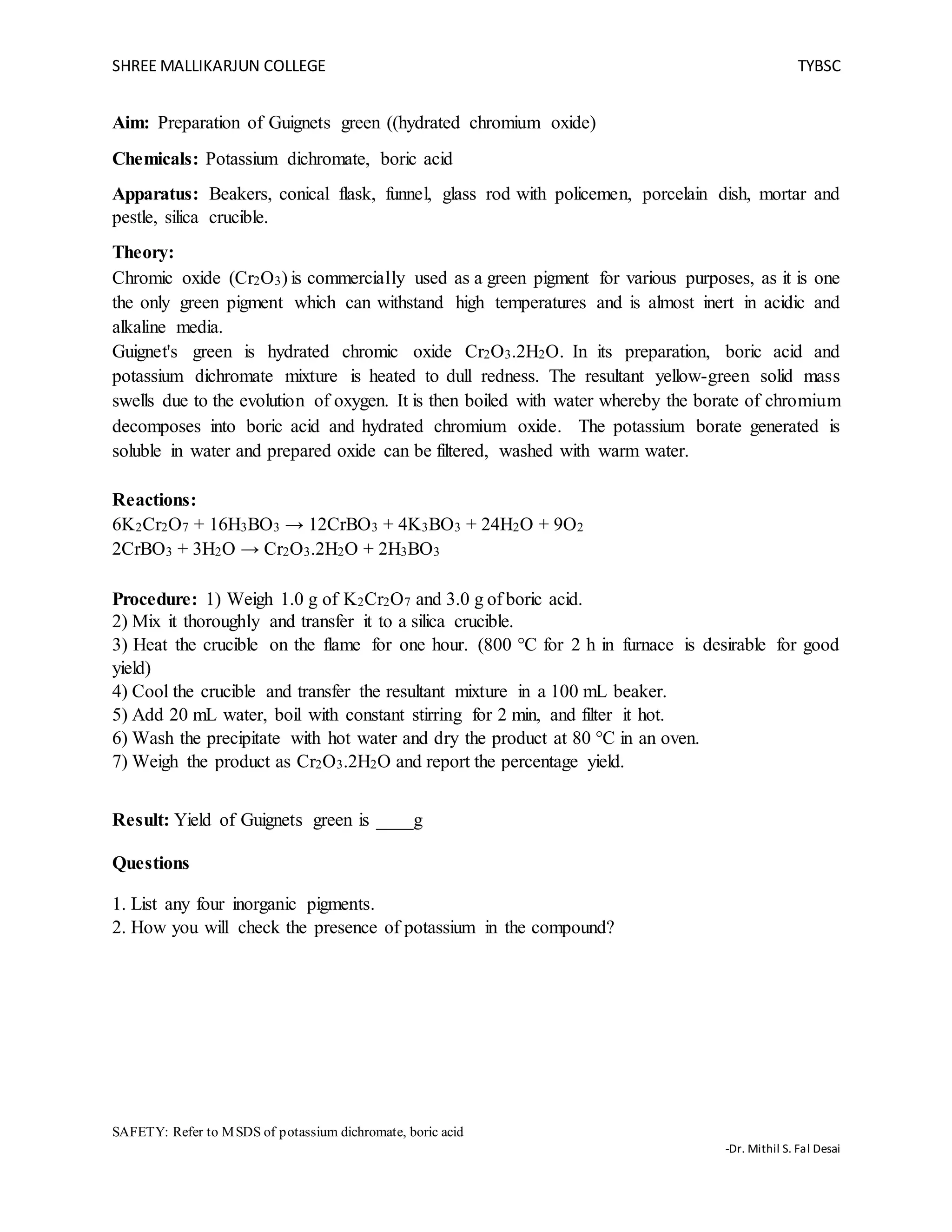 Preparation of guignets green (hydrated chromium oxide) | DOCX