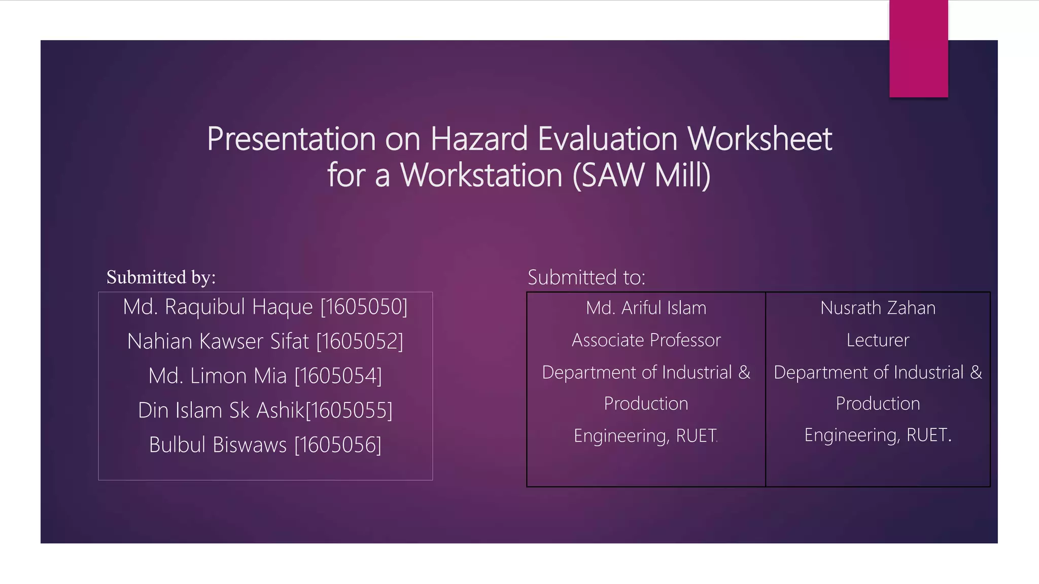 Preparation of hazard evaluation worksheet for a workstation (saw mill ...