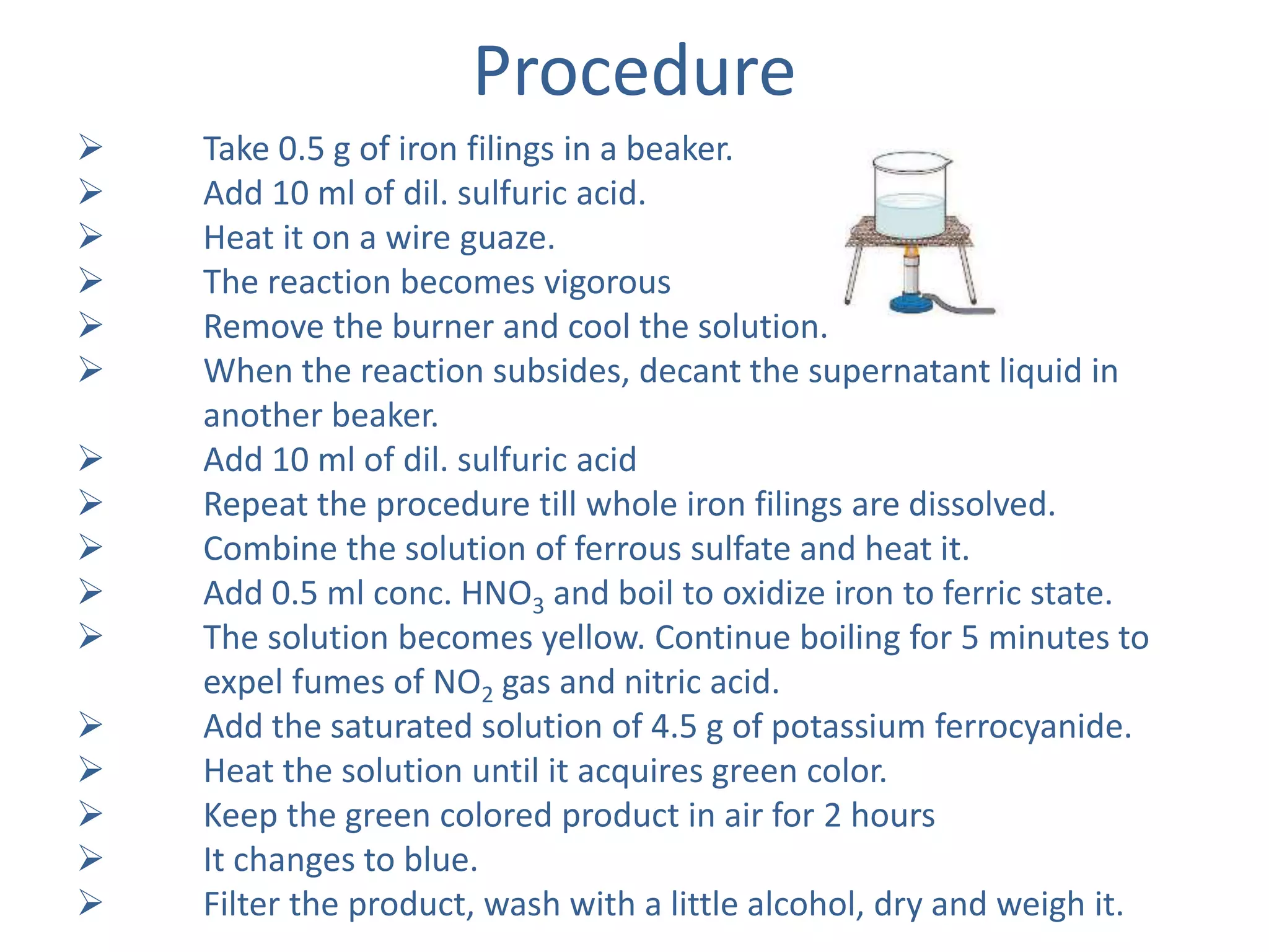 Preparation of prussian blue, fe4[fe(cn)6]3 | PPTX