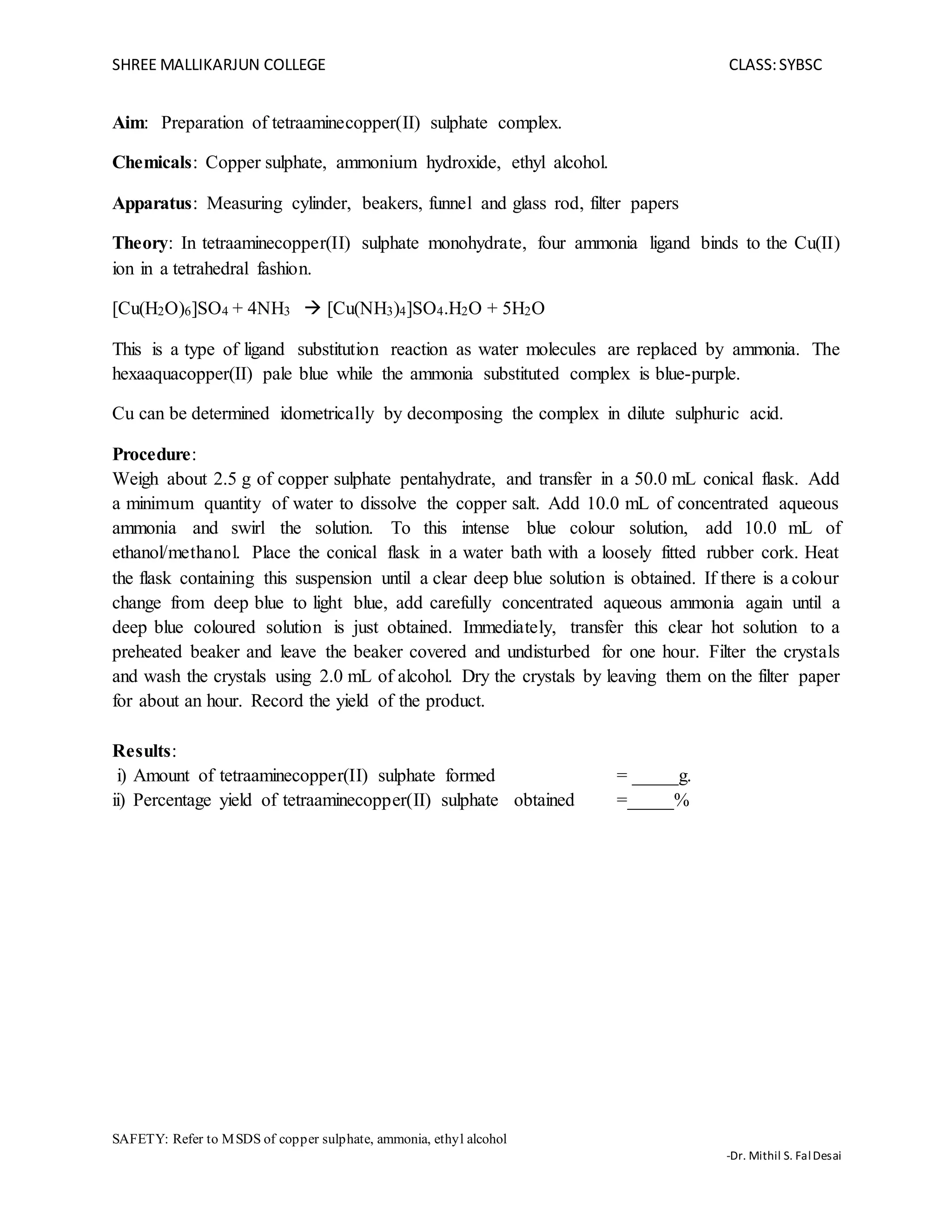 Preparation of tetraaminecopper(ii) sulphate complex | DOCX