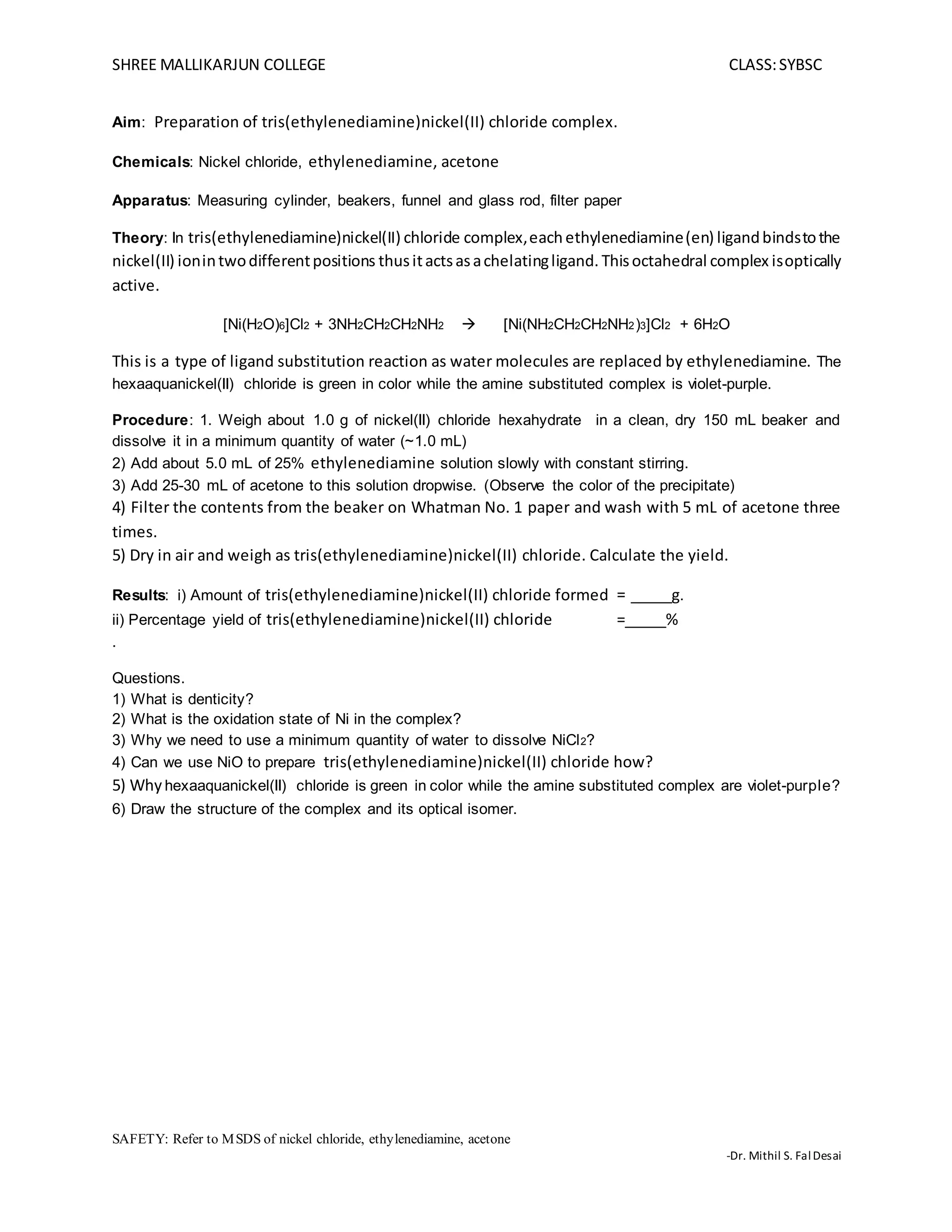 Preparation of tris(ethylenediamine)nickel(ii) chloride complex. | DOCX