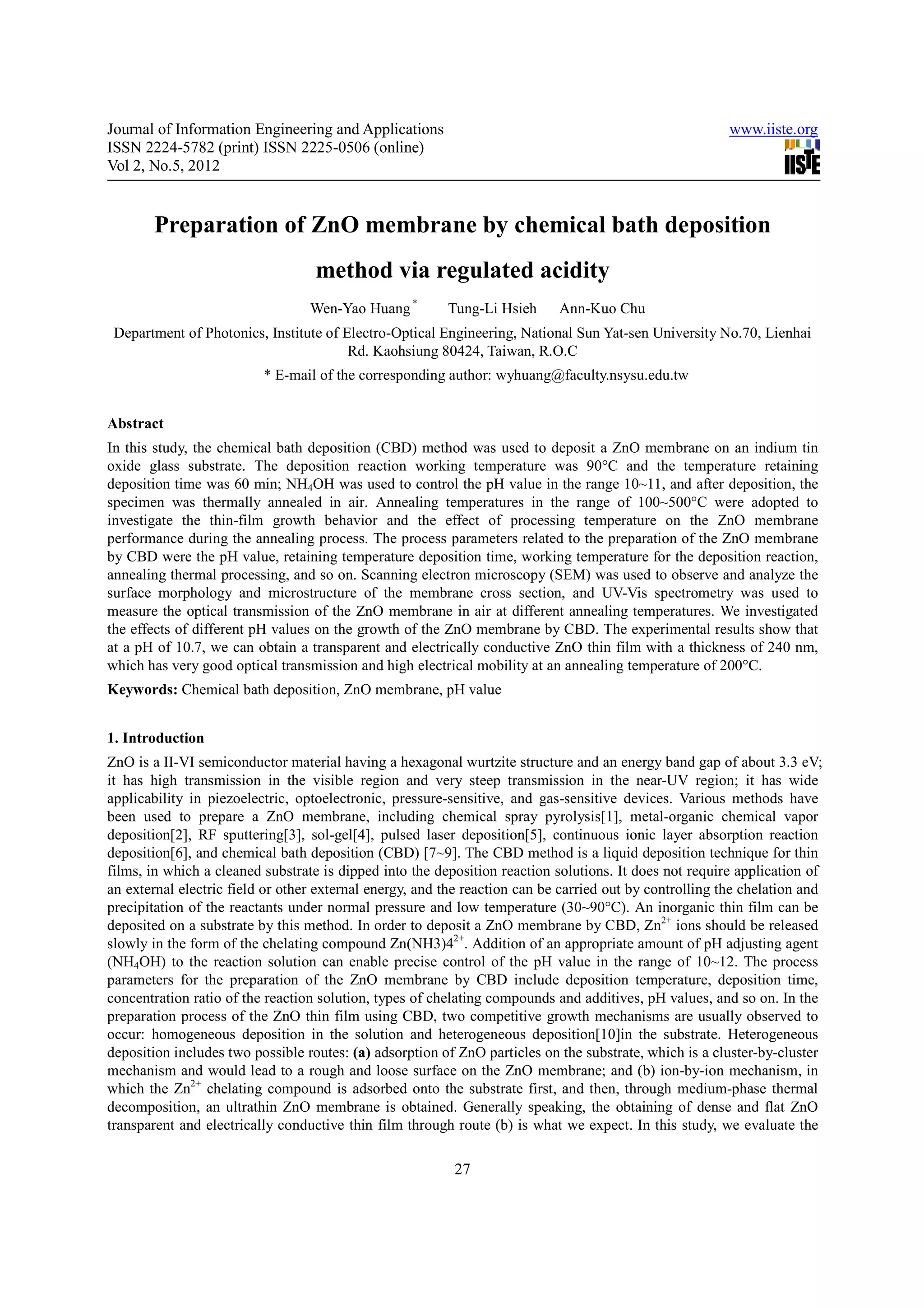 Preparation of zn o membrane by chemical bath deposition | PDF