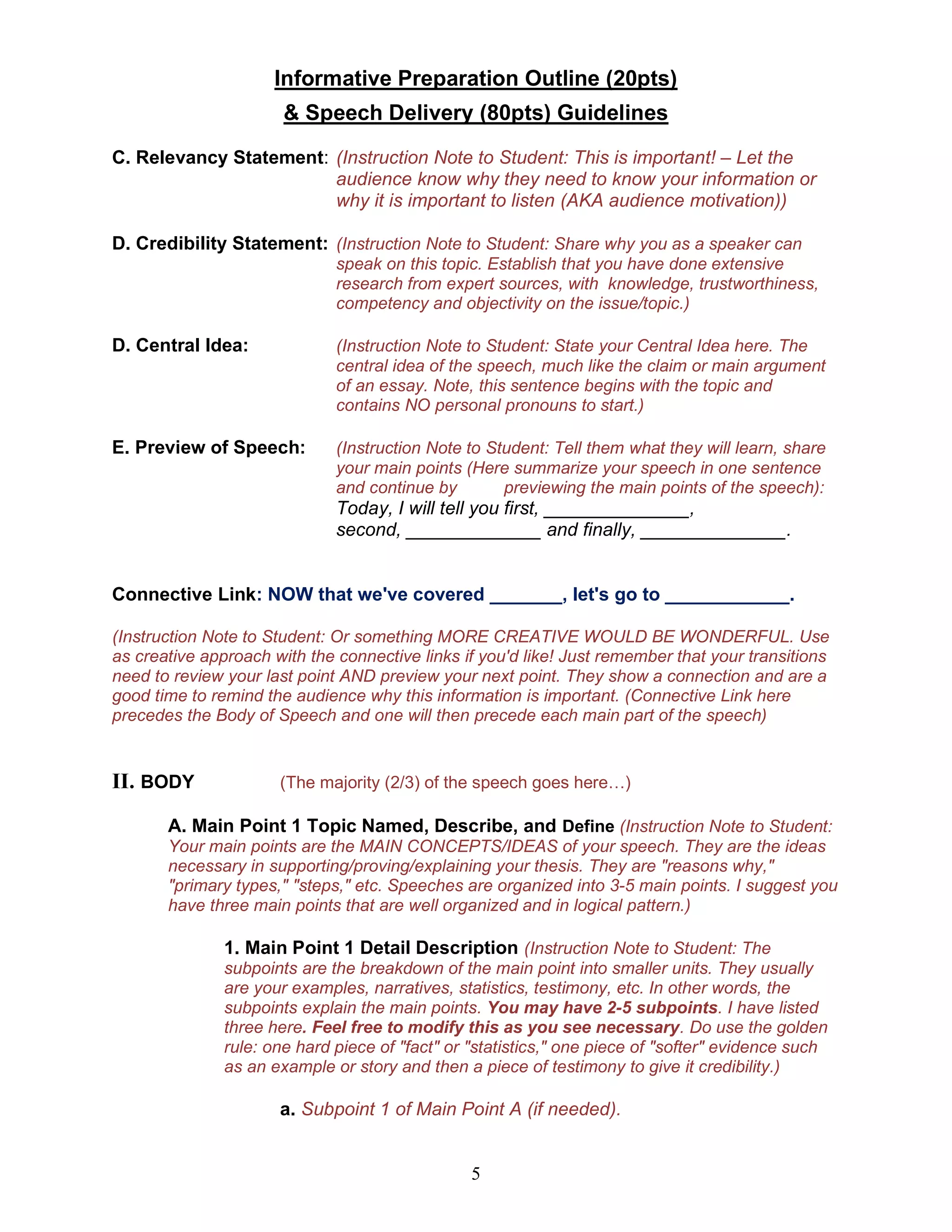 TEMPLATE SAMPLE of an Informative SPEECH Preparation OUTLINE | PDF