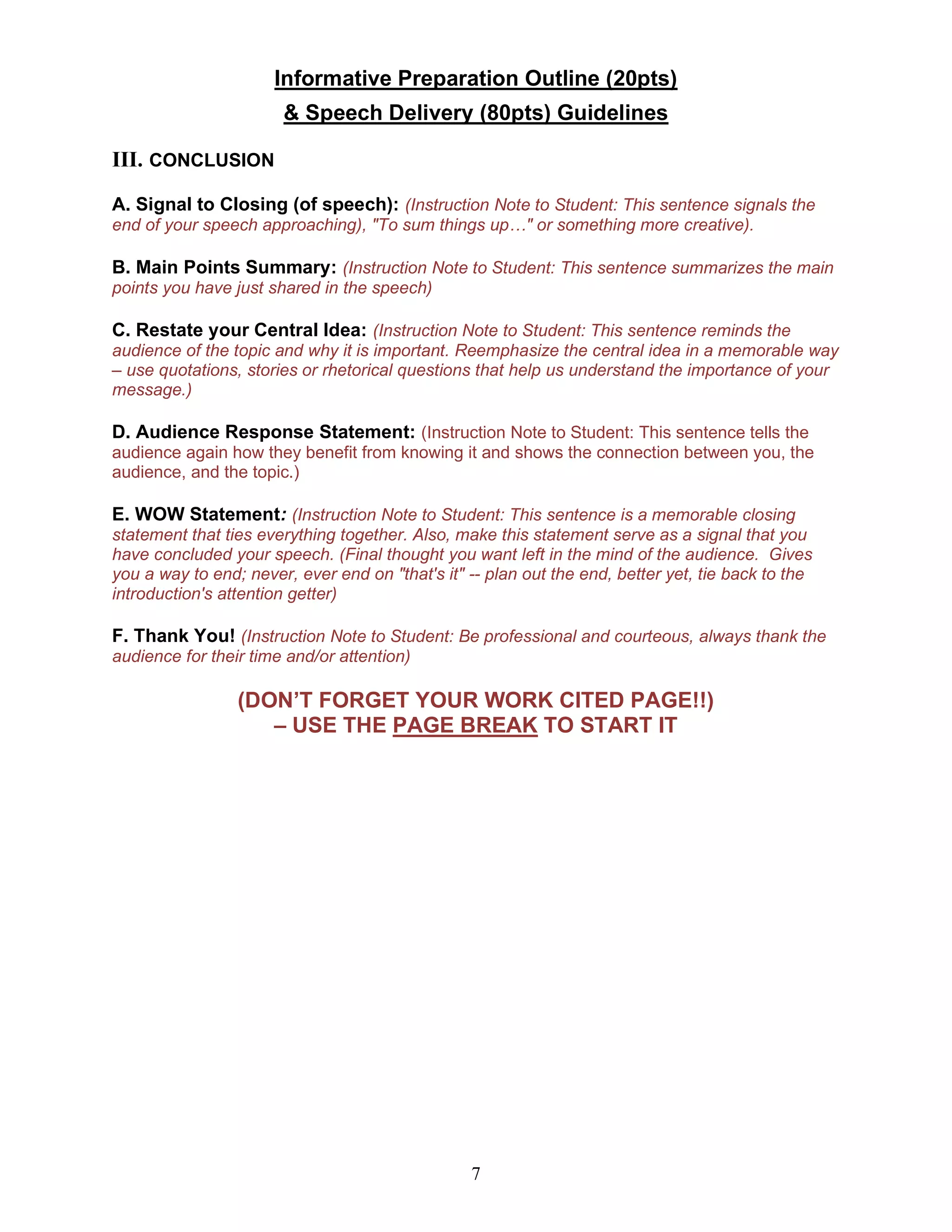 TEMPLATE SAMPLE of an Informative SPEECH Preparation OUTLINE | PDF