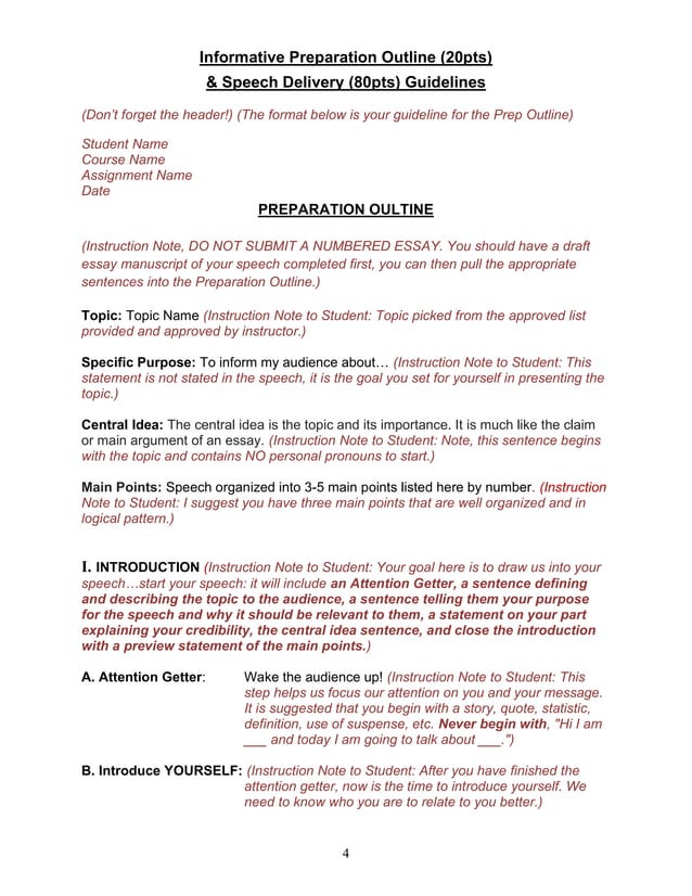 TEMPLATE SAMPLE of an Informative SPEECH Preparation OUTLINE | PDF