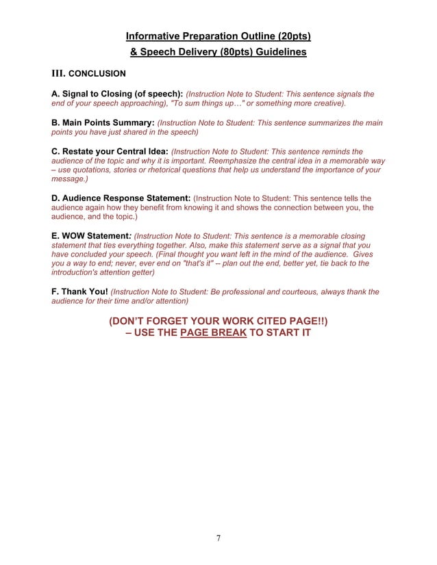 TEMPLATE SAMPLE of an Informative SPEECH Preparation OUTLINE | PDF