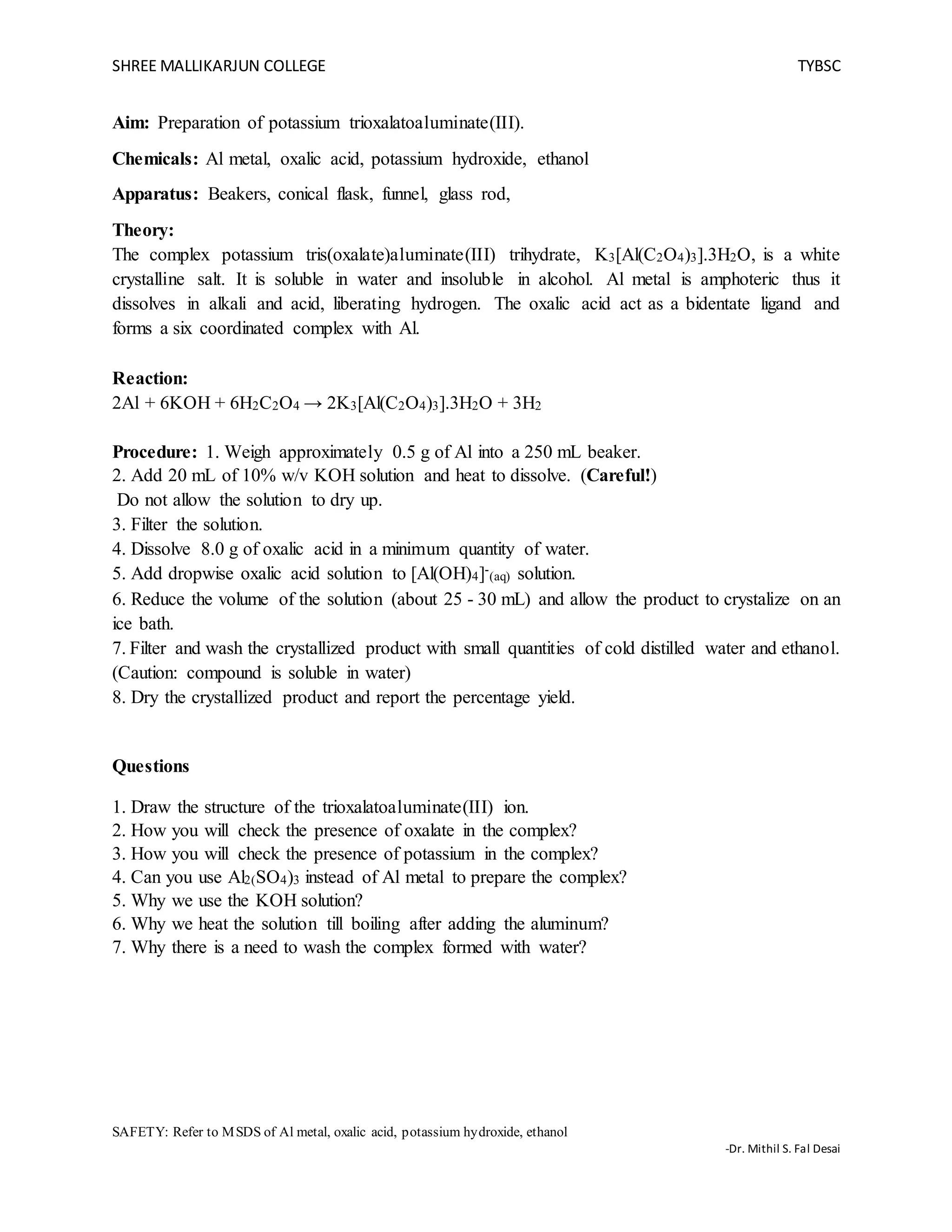 Preparation of potassium trioxalatoaluminate(III) trihydrate | DOCX
