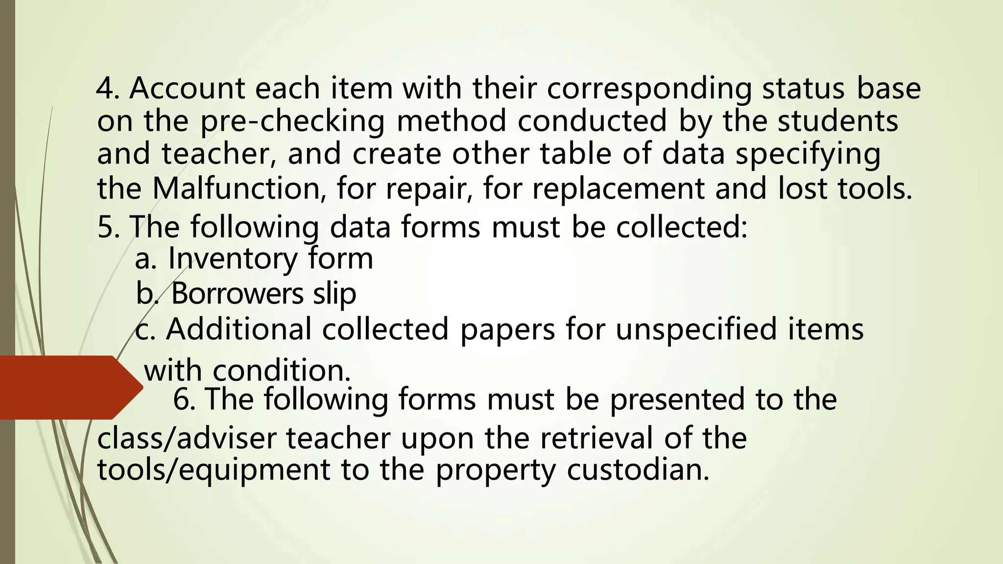 Prepare an inspection Report of the hand tools ,drawing instruments ...