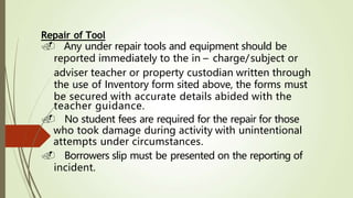 Prepare an inspection Report of the hand tools ,drawing instruments ...